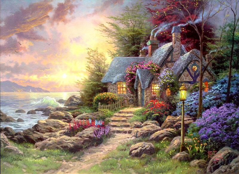 Thomas Kinkade Clocktower cottage painting | framed paintings for sale
