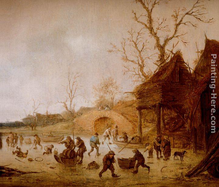 Isack van Ostade A Winter Landscape With Skaters, Children Playing Kolf ...